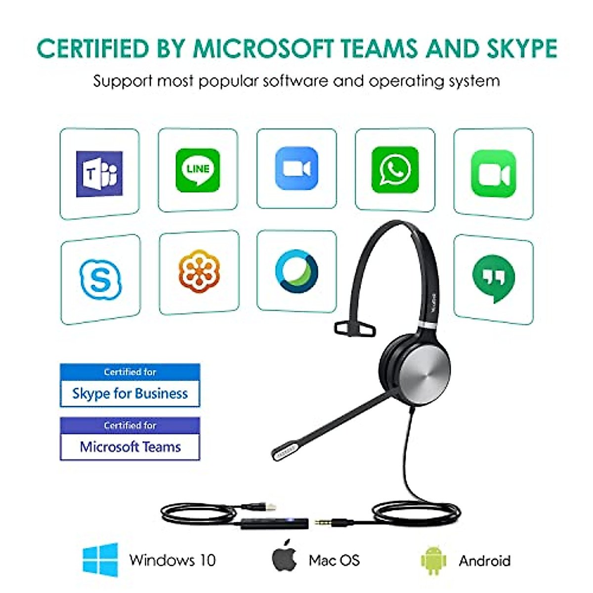 Yealink UH36 Professional Wired Headset - Telephone Headphones for Calls and Music, Noise Cancelling Headset with Mic for Computer PC Laptop（for Teams Optimized, Mono,3.5mm Jack/USB Connection）