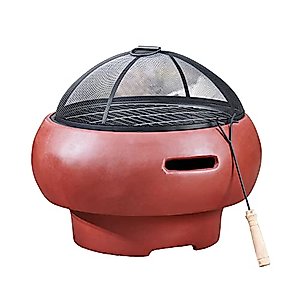 Teamson Home Outdoor 20.07 in. Round Wood-Burning Fire Pit with Faux Concrete Base, Spark Screen, Stainless Steel Grill Grate, Removable Fire Bowl and Poker, Maroon