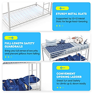 GOFLAME Twin Over Twin Bunk Bed, Metal Frame Loft Bunk Bed with Ladder and Guard Rail, Heavy-Duty Slatted Floor Bunk Bed Frame for Kids, Teens, No Box Spring Needed (White)