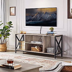 Yaheetech TV Stand for 65 Inch TV, Industrial Entertainment Center TV Console with Power Outlets, Modern TV Cabinet with Open Storage Shelves for Living Room, Gray