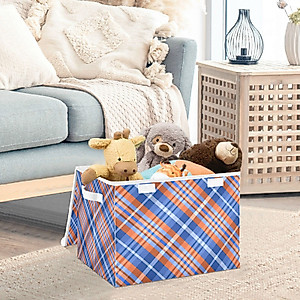 Kigai Orange Blue Plaid Storage Basket with Lid Collapsible Storage Bin Fabric Box Closet Organizer for Home Bedroom Office 1 Pack