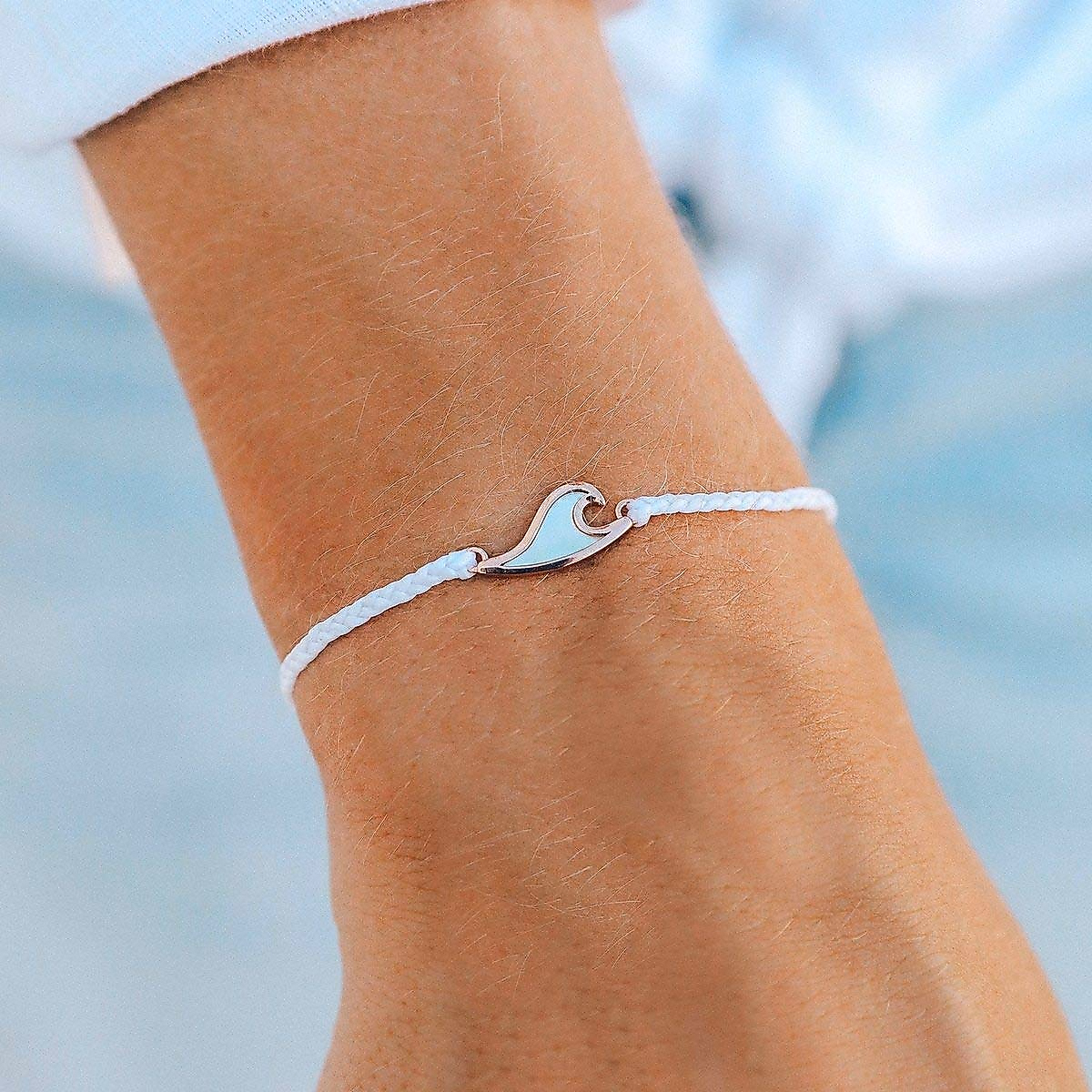 Pura Vida Rose Gold Mother of Pearl Wave Bracelet - 100% Waterproof, Adjustable Band - White