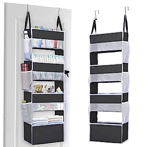 ULG Over Door Organizer with 4 Large Pockets 6 Mesh Side Pockets, 33 lbs Weight Capacity Hanging Storage Organizer with Clear Window for Bedroom Nursery, Baby Kids Toys, Diapers, Dark Grey (1 Pack)