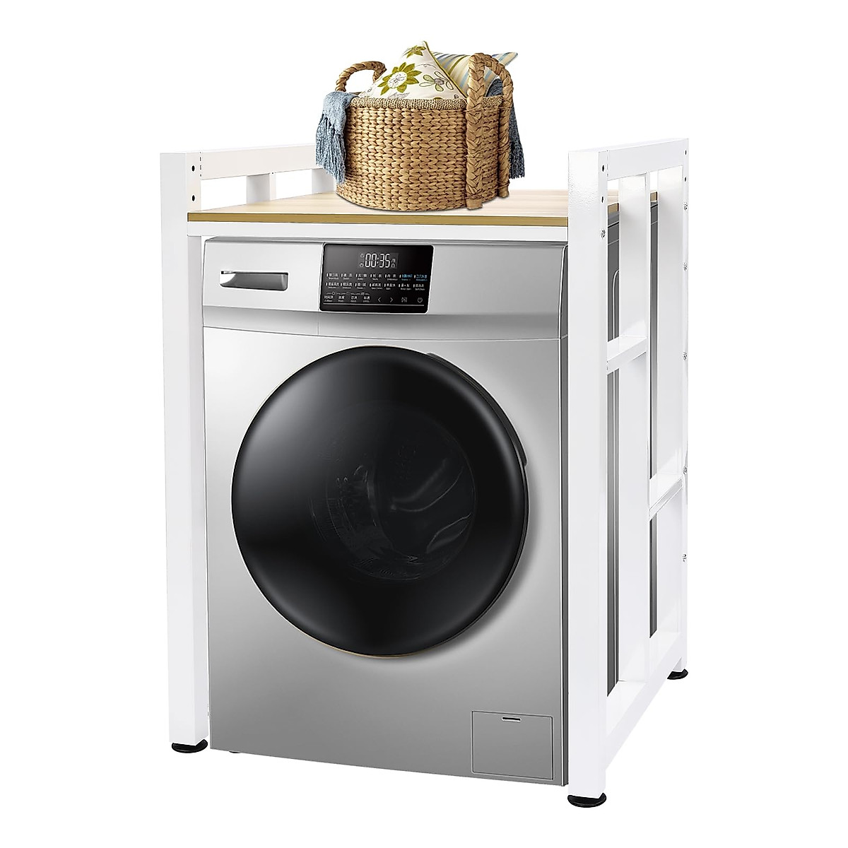 Xuthusman Washer Dryer Stacking Rack Stand, Heavy Duty Over Washer and Dryer Storage Shelves with Adjustable Shelf, Space Saver Storage Shelf for Laundry Room Apartments Bathroom (White+Light Walnut)