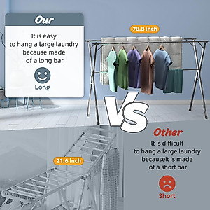 Unkqan Clothes Drying Rack,Heavy Duty Stainless Steel Garment Rack,Adjustable and Foldable Laundry Drying Rack for Indoor Outdoor Drying Rack Clothing with 20 Windproof Hooks (Silver, 79")