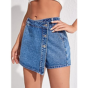 WDIRARA Women's High Waisted Button Front Denim Skort Asymmetrical Hem Wrap Jean Skirt Shorts Medium Wash M