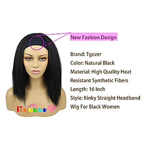 Tgezer Kinky Straight Headband Wigs for Women Synthetic Short Black Yaki Straight Wig with Headbands Attached 16inch Glueless Wig for Daily Party Use