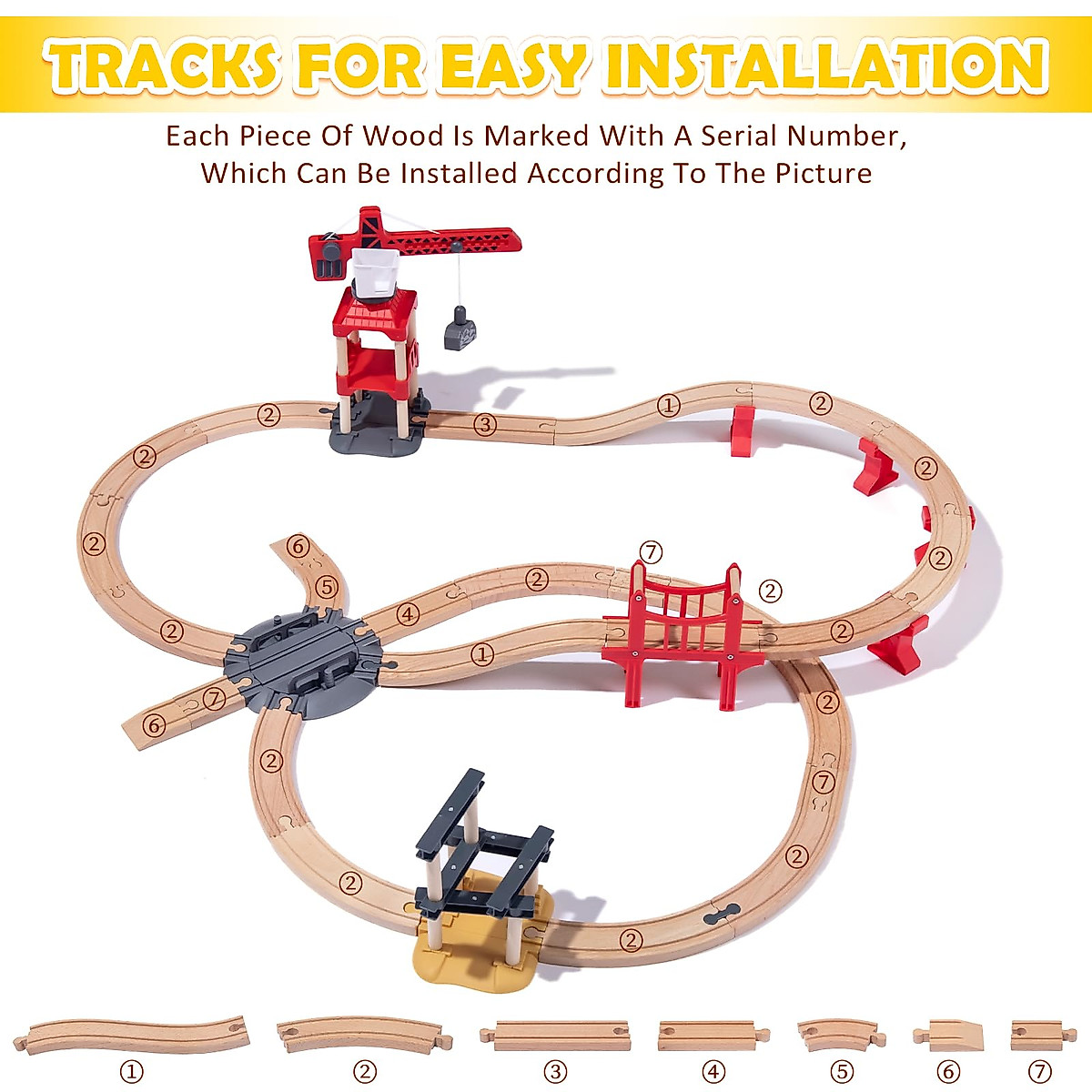 TUKELER Wooden Train Set for Toddler 104pcs, Themed Urban Engineering Train Track Toys for Aged 3+, Double Sided Wooden Train Track, Compatible with Thomas, Brio, Chuggington, Melissa and Doug