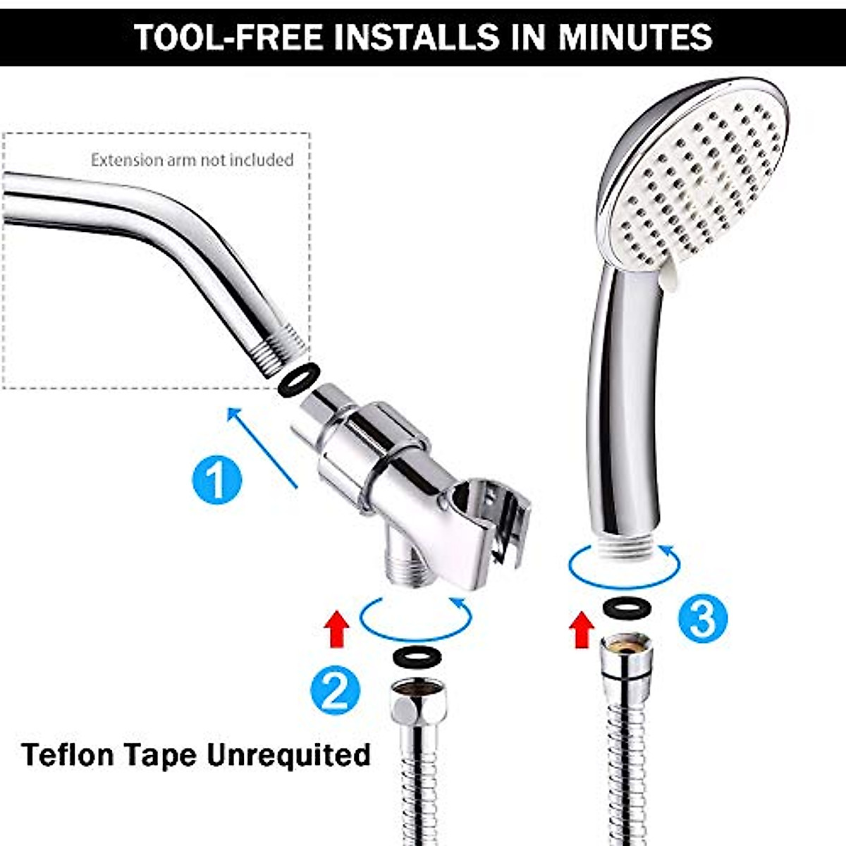 5-Setting High Pressure Handheld Shower Head, NearMoon Multi-functions Powerful Spray Hand Held Showerhead with Adjustable Angle Bracket, Chrome (with 60 Inches Stainless Steel Hose)