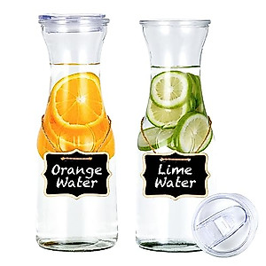Richro Glass Carafe With Lids & Tags, Beverage Dispensers Jugs For Mimosa Bar, Glass Pitcher Wine Iced tea Milk and Juice, water pitcher for fridge with sliding Lids, Dishwasher Safe, 33 oz, Set of 2