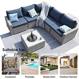 Temminkii Outdoor 6-Pieces Outdoor Warm Grey Wicker Sectional Sofas Patio Conversation Set W Blue Thickened Cushions,Coffee Table for Poolside,Backyard,Garden