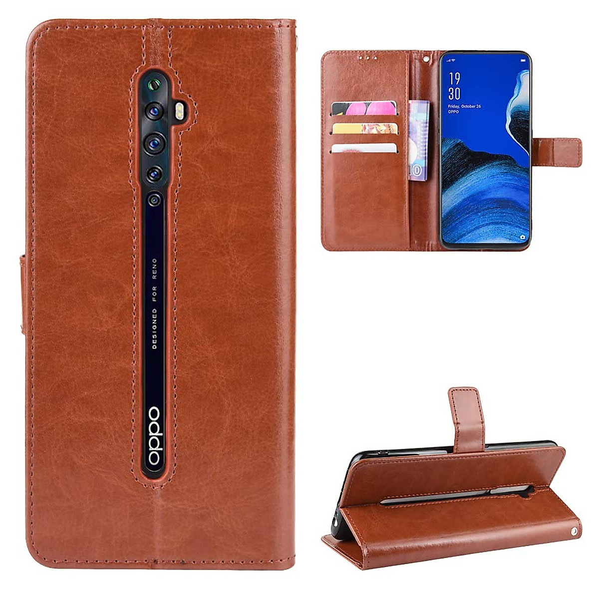 QiongNi Case for Oppo Reno 2F Case Cover,Case for Oppo Reno 2Z,Flip Leather Wallet Cover Case for Oppo Reno2 F CPH1989 / Reno2 Z PCKM80 CPH1945 CPH1951 Case Brown