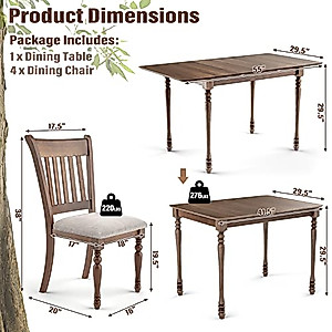 Giantex 5-Piece Dining Table Set, Solid Rubber Wood Farmhouse Kitchen Table Set w/Extendable Rectangular Table & 4 Upholstered Chairs, Kitchen Table and Chairs Set Dinette Set for 4-6 Persons