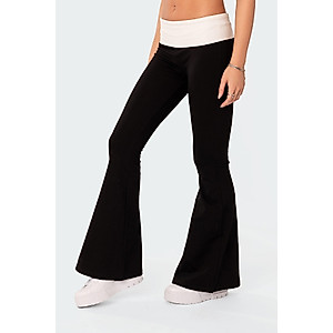 KMBANGI Women Skinny Pants Fold Over Bootcut Stretchy Yoga Flare Leggings Long Y2k Joggers Sweatpants Lounge Streetwear(Lapel Waist Black,S)