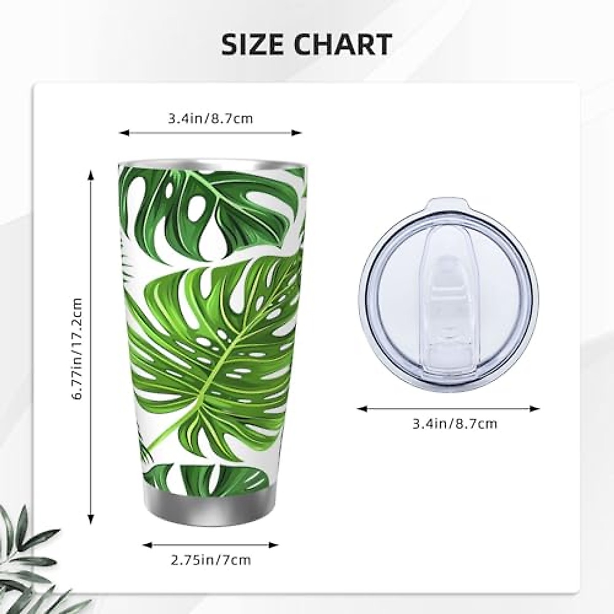 AYCZN Green Leaves 20 OZ Tumbler Stainless Steel Travel Coffee Mug, Palm Leaf Insulated Water Bottle with Lid Leakproof Thermal Cup
