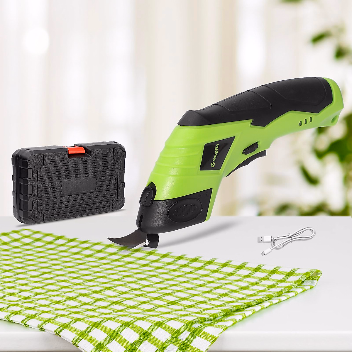 Yougfin Cordless Electric Box Cutter for Cardboard, 4.2V Rechargeable Power Scissor for Cutting Fabric, Cordless Shears for Carpet Leather, Felt with Charger & Carrying Case