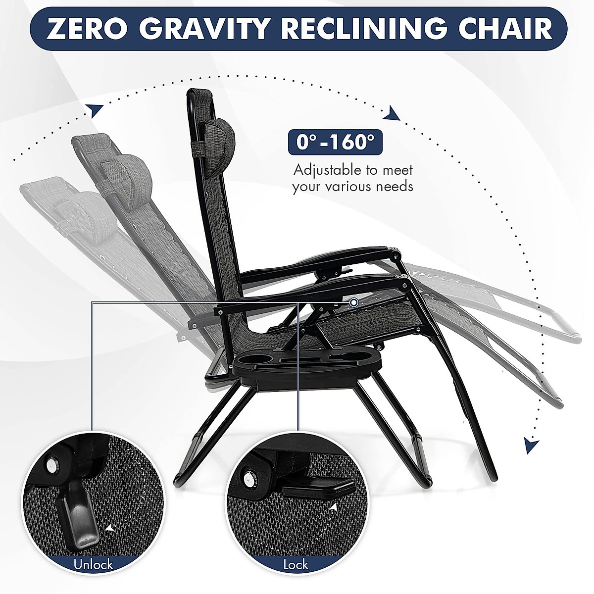 Giantex Zero Gravity Reclining Chair, Outdoor Patio Recliner with Cup Holder & Removable Pillow, Adjustable Backrest, Indoor Lounge Chair for Backyard, Garden, Poolside (Gray)