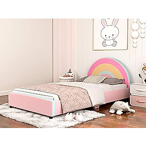 IKIFLY Twin Size Kids Bed, Children Upholstered Twin Platform Bed Frame with Curved Headboard, Pink Toddler Bed for Boys & Girls, Teens, No Box Spring Needed - Rainbow Design
