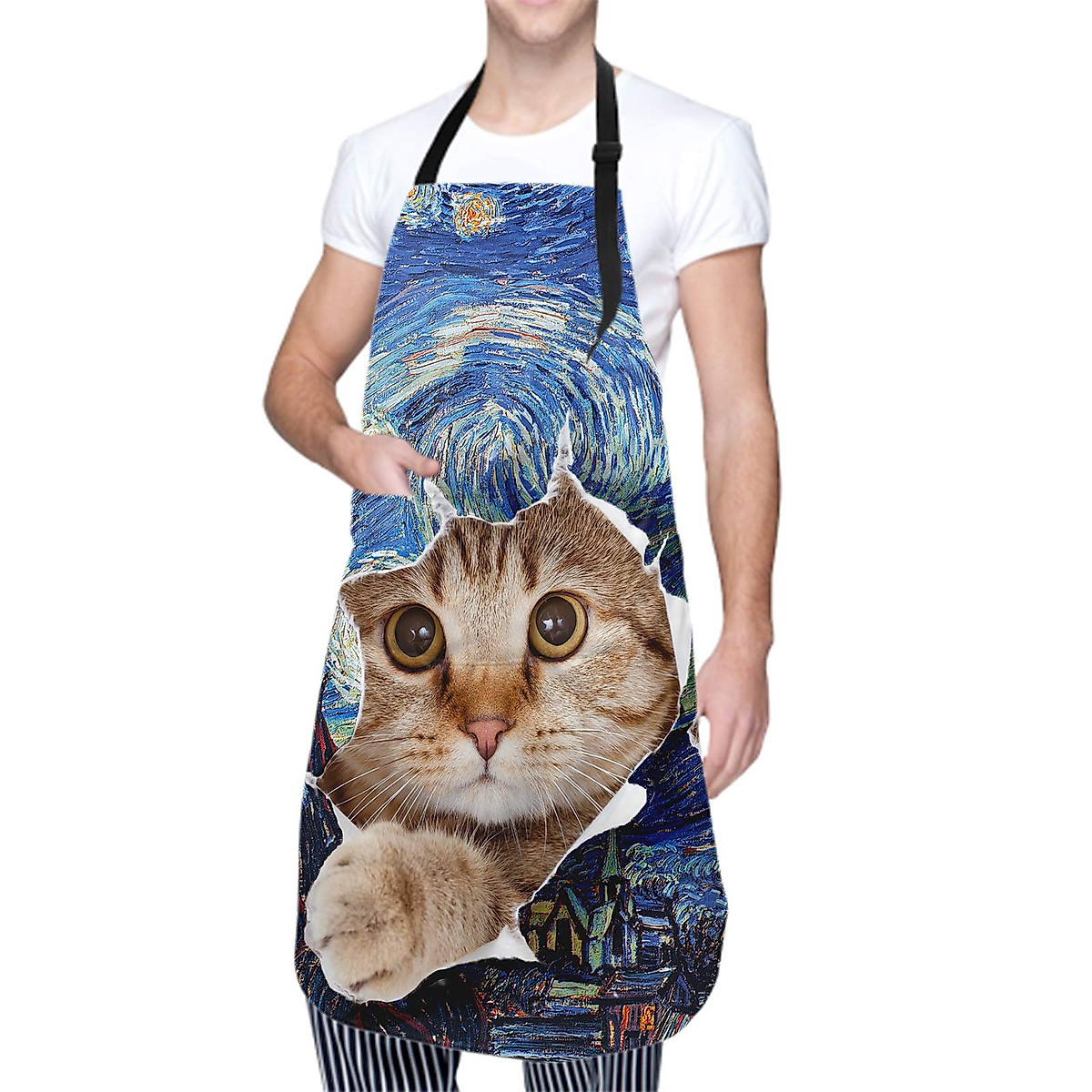 DZGlobal Starry Night Cat Apron Art with Lovely Pet Unisex Kitchen Bib with Adjustable Neck for Cooking Gardening Adult Size, Blue
