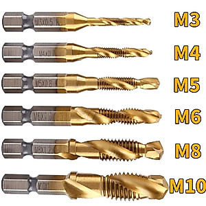 6 Pack Titanium Combination Drill Tap Bit Set, 1/4" HSS Hex Shank Screw Tapping Bit for Drilling, Tapping and Countersinking, M3-M10