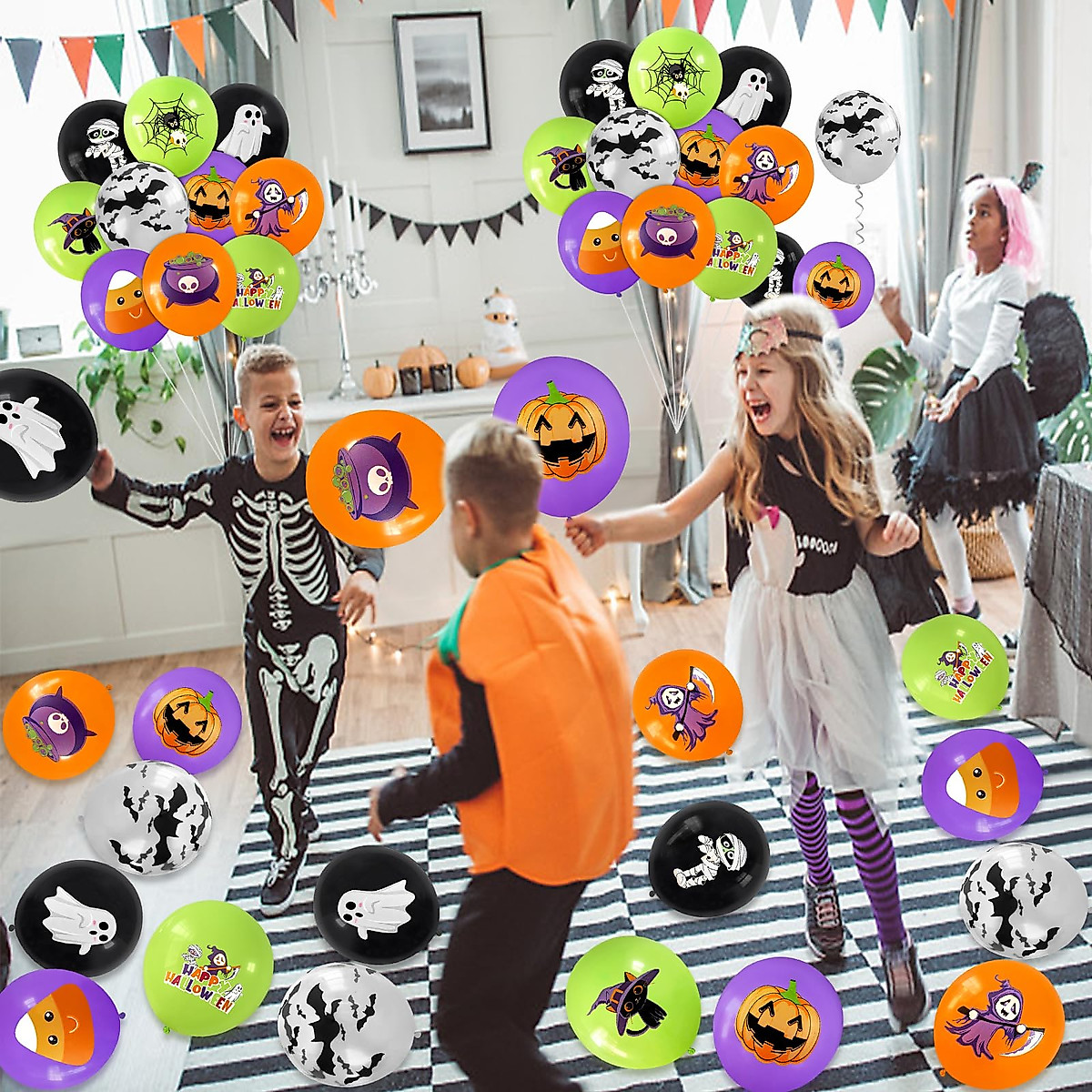 60Pcs Halloween Balloons, 12" Orange Black Purple Green Halloween Party Ballons, Pumpkin Bat Ghost Halloween Theme Latex Ballons for Halloween Birthday Party Decorations Halloween Decorations (A)