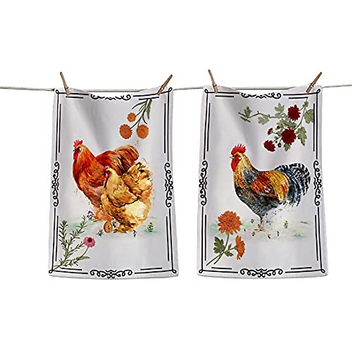 Shes Chic Rooster Chicken Kitchen Towels - 100% Cotton Farmhouse Set of 2 Multi-Purpose Feedsack Dish Towel for Drying | Tea Towels | Bar Towels 26 Inch by 18 Inch with Hanging Loop