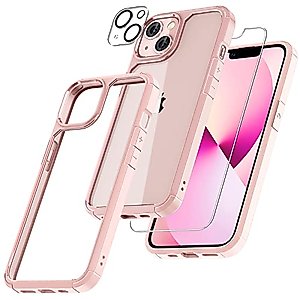 TAURI [5 in 1 Designed for iPhone 13 Case, [Not-Yellowing] with 2X Tempered Glass Screen Protector + 2X Camera Lens Protector [Military-Grade Drop Protection] Shockproof Slim 6.1 Inch Pink…、