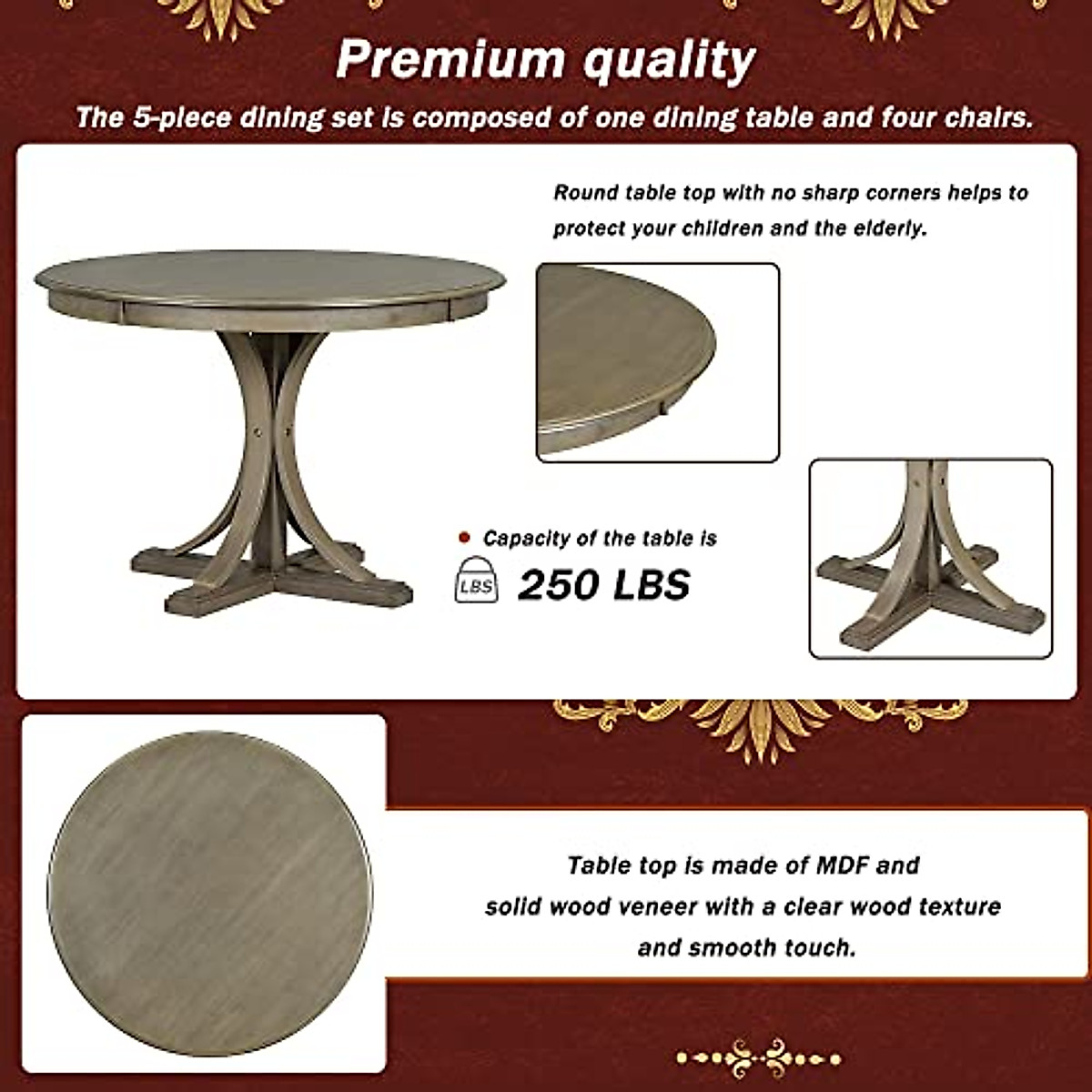 Goozio 5-Piece Retro Round Dining Table Set with Curved Trestle Style Legs and 4 Upholstered Chairs for Kitchen Room, Taupe