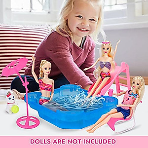 Deluxe Doll Pool Play Set, Doll Glam Pool with Slide&Dolls Accessories&Beach Umbrella&Chair, Suitable for Dolls Up to 12 Inch, Kids Gifts for 3 to 7 Year Olds Girls, Bath Toys for Toddlers