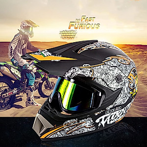 Youth & Kids Motocross Offroad Street Bluetooth Helmet, Mountain Bike ATV Helmet+Goggles+Gloves+Mask, Dirt Bike Downhill Off-Road MTB MX Full Helmets, DOT Certified -B-L