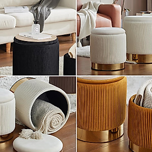 YYW HOME Round Ottoman with Storage - Yellow Storage Ottoman for Living Room, Round Storage Ottoman for Kids Room,Dorm Ottoman with Storage, Vanity Chair for Bedroom,Set of 2 Velvet Ottoman