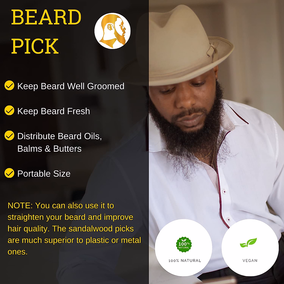 Black Beard Brigade by Yulaw Naturals Premium 100% Sandalwood Beard Pick - Natural Wood Styling Tool for Thick, Coarse, Curly Hair - Non-Static Long Tooth Detangling Comb for Beard & Mustache