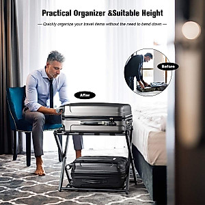 Tangkula Luggage Rack, Folding Metal Suitcase Luggage Stand, Double Tiers Luggage Holder with Shoe Shelf, Luggage Stand for Bedroom, Guest Room, Hotel (Black)