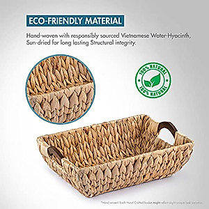 ADO Basics Large Water Hyacinth Hand Woven Basket with Stain Resistant Polished Wooden Handles, Storage Wicker Baskets 15" Length, 10.6" Width, 5.3" Height, Set of 2