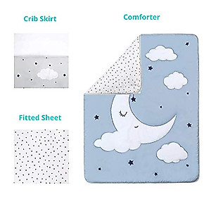 La Premura Sleeping Moon Baby Nursery Crib Bedding Set, 3 Piece Standard Size Crib Bedding Set, Blue and Grey