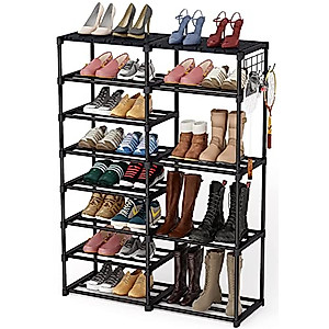 Tribesigns 8 Tiers Shoe Rack Shoe Shelf Shoe Storage Organizer with Side Hooks for Entryway, 24-30 Pairs Metal Shoe Rack Taller Shoes Boots Organizer