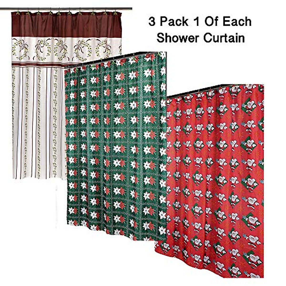 Carnation Home Fashions Christmas Shower Curtain 3 Pack - 1 Each Victorian Christmas Wreath Stripe, Poinsettia Xmas Stripe, Santa Claus Stripe - Set 3 Fabric Xmas Shower Curtains Jolly Santa