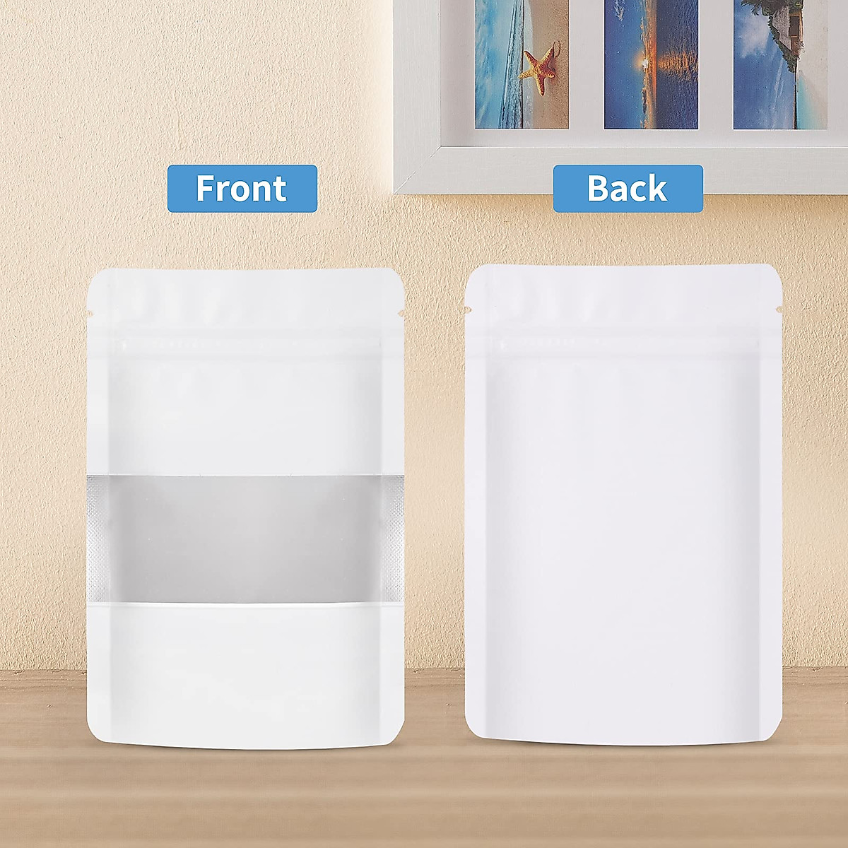 100 Pieces Smell Proof Mylar Bags, Resealable Food Storage Bags with Clear Window, Foil Pouch Stand-up Bags for Food Self Sealing Storage Supplies (White, 4 x 6 Inch)