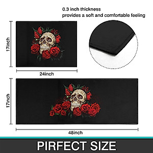 Fuoxowk Skull Roses Kitchen Mat Set, Halloween Decor Goth Kitchen Runner Rugs with Rubber Backing, Throw Rugs Washable for Kitchen Sink, Laundry Room, Standing Desk, Entry, Cool Black Area Rug