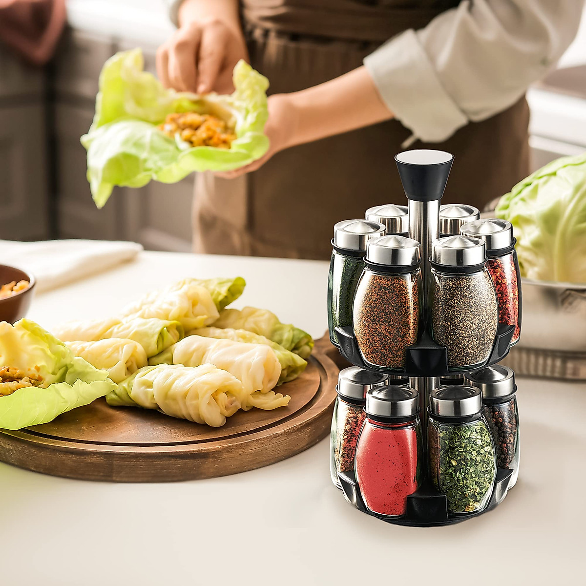 Spice Organizer - Spice Rack Organizer for Cabinet, Seasoning Organizer includes 12 Empty Jars + Labels. Rotating Spice Rack - Compact Herb and Spices Organizer to Fit Cabinets or Countertops