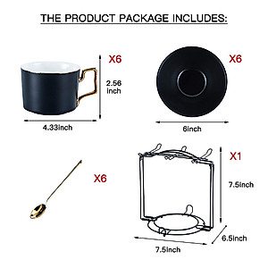 CHILDIKE Ceramic Demitasse Espresso Cups Set with Saucers and Metal Stand, 8 oz Porcelain Stackable Cappuccino Cups for Tea, Latte, Coffee, Cafe Mocha, Set of 6, Matte Black