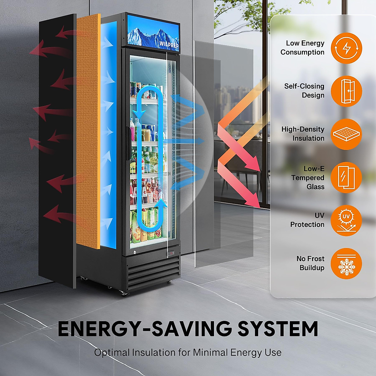 Wilprep One Door Commercial Refrigerator, 12.8 cu. ft. Swing Door Merchandiser Refrigerator with Tempered Glass & LED Lighting, ETL Listed Fog Free Beverage Display Refrigerator for Office Bar Store
