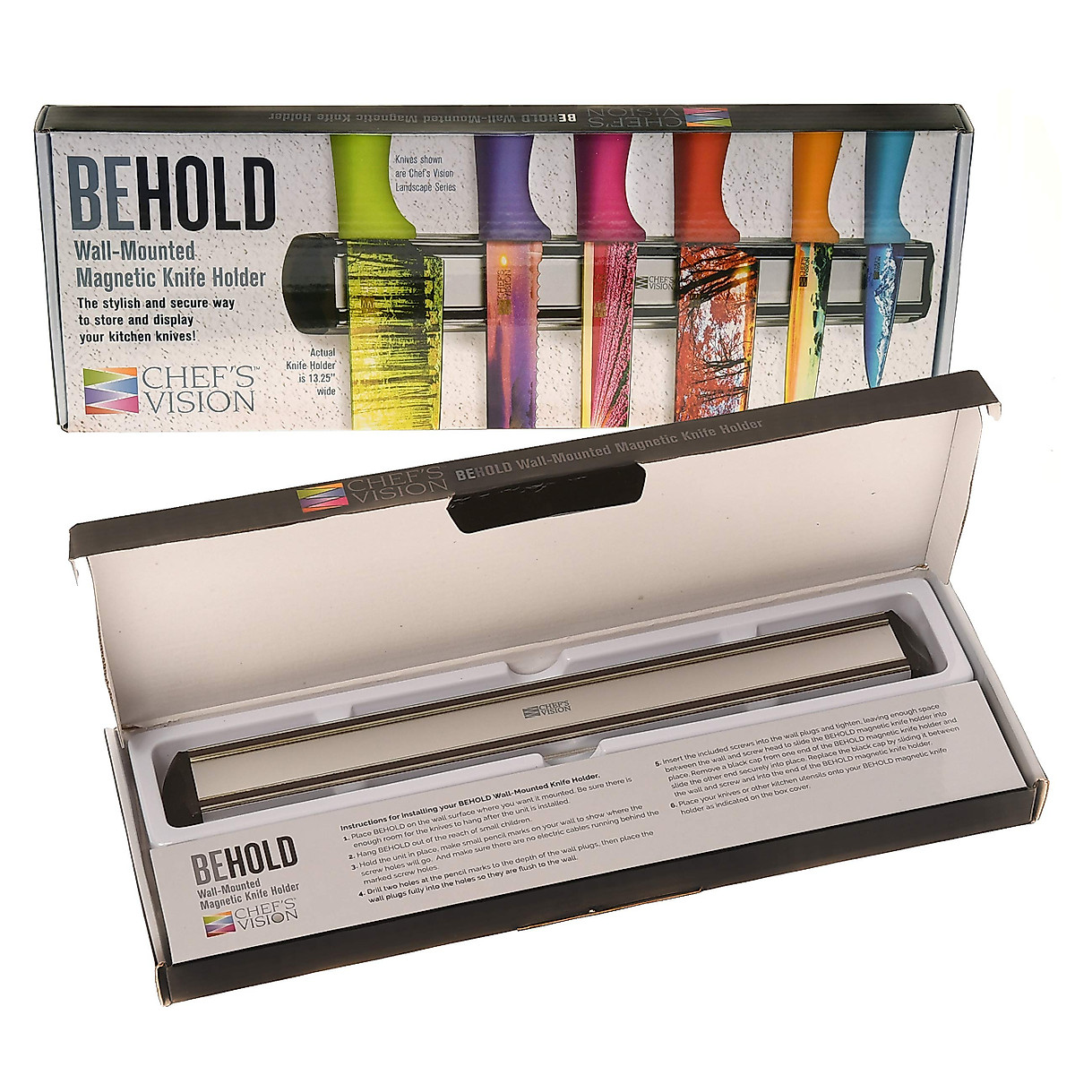 CHEF'S VISION Wildlife Knife Set Bundle With BEHOLD Wall-Mounted Magnetic Holder Silver