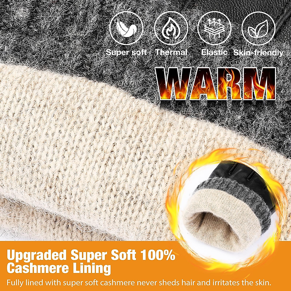 Aegend Sheepskin Leather Gloves For Men, Soft Warm Cashmere Lining Full Hand Touchscreen Winter Gift Thermal Black