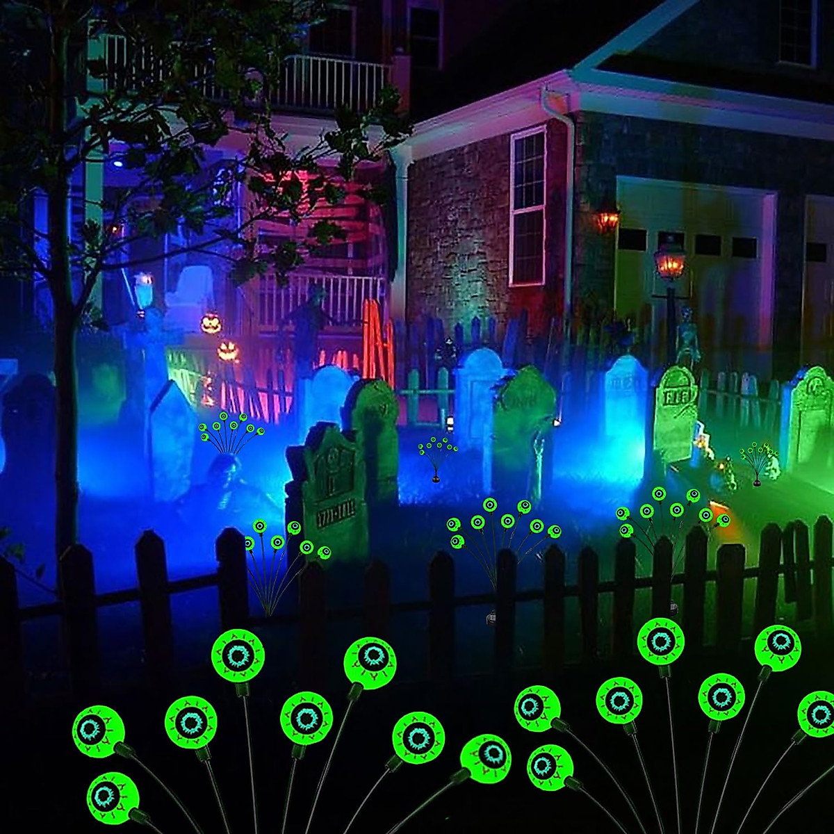 Halloween Solar Light Outdoor Decorations,2 Pack Solar Lights with 16 Treat Eyeballs,Swaying Firefly Light for Halloween Outside Patio Path Yard Decor (Green)