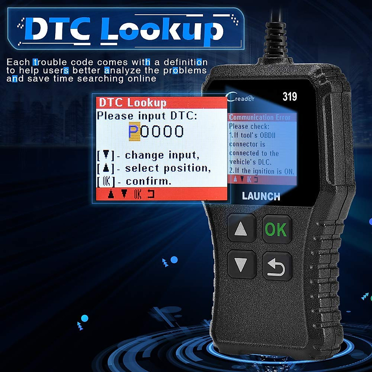 LAUNCH OBD2 Scanner Engine Fault Code Reader, CR319 Code Reader Scanner, CAN Diagnostic Scan Tool Supports DTC Lookup, Mode6 O2 Sensor for OBDII Protocol Cars Since 1996 Black