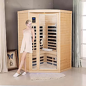 Xmatch Far Infrared Wooden Sauna Room, 2-Person for Corner Space, with 1600W, 7 Low EMF Heaters, 2 Bluetooth Speakers, 2 LED Reading Lamp and 3 Chromotherapy Lights