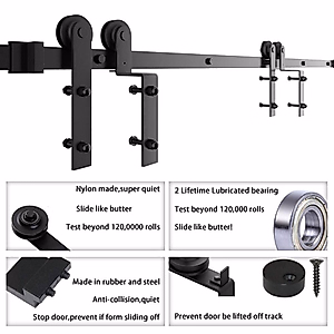 WINSOON 8FT Single Track Bypass Sliding Barn Door Hardware Kit for Double Doors with 2PCS 12 Inch Sliding Barn Door Handles Black Hardware