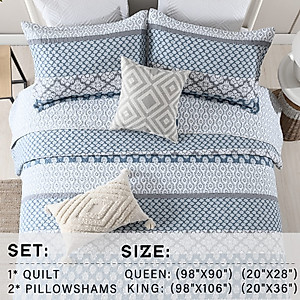 PERHOM Blue Quilt Queen Size - Queen Quilt Set, 100% Long-Staple Cotton Floral Quilt Bedding Set Bedspreads, Patchwork Reversible Lightweight Comforter Bed Spread for All Season, Blue/Gray, 3 Pieces