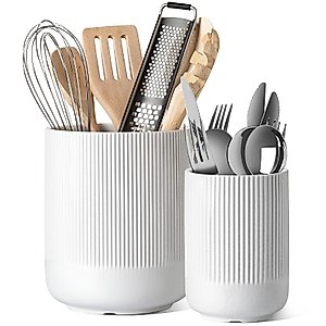 LE TAUCI Utensil Holder, 7.3"+5.4" Ceramic Kitchen Utensil Holder for Countertop, Large Cooking Utensil Crocks for Kitchen Counter, Morden Utensil Organizer for Spatula, Kitchen Decor, Set of 2, White